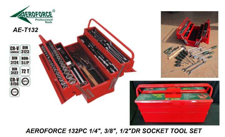Aeroforce AE-T 132pcs 1/4" & 3/8" & 1/2" Dr. Socket Wrench Cantilever Tools Box Set | Lazada