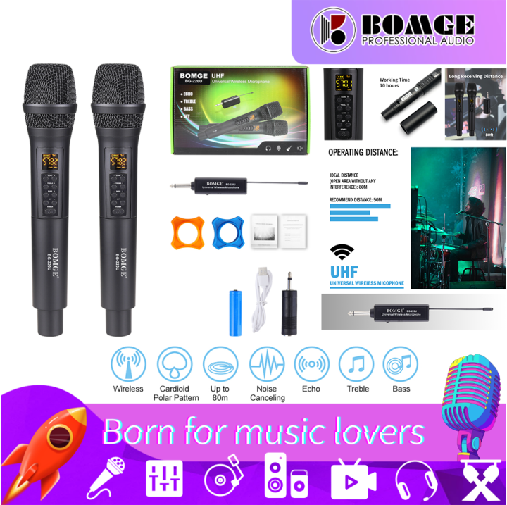 BOMGE UHF Wireless Recording Karaoke Microphone Cordless 2 Mics Player ...
