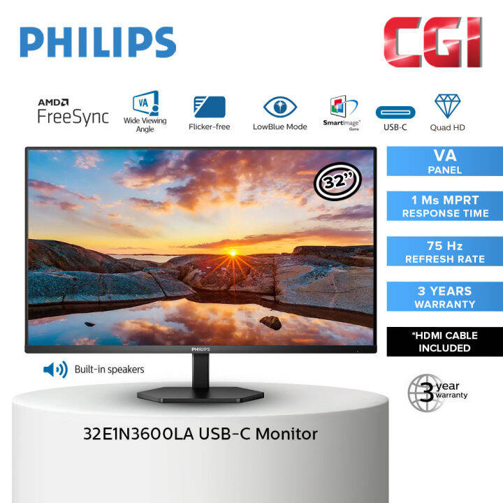 Philips 31.5" 32E1N3600LA VA QHD 75Hz 1ms AMD Freesync 1ms Build-In ...