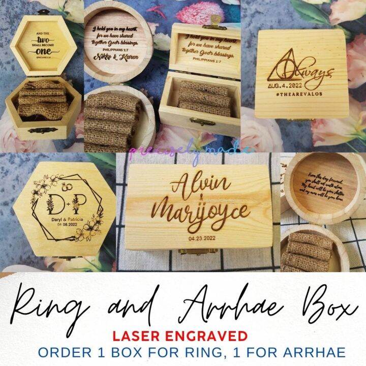 Personalized Wooden Wedding Ring and Arrhae Rustic Box - ENGRAVED ...