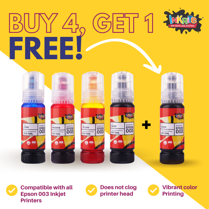 [BUY 4 GET 1 FREE] Inkrite Ink for Epson 003 Epson L1110 L1210 L1250 ...