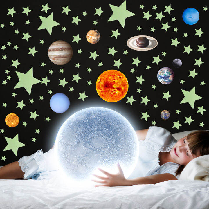 Luminous Solar System Nine Planets Stars Moon Fluorescent Wall Sticker ...
