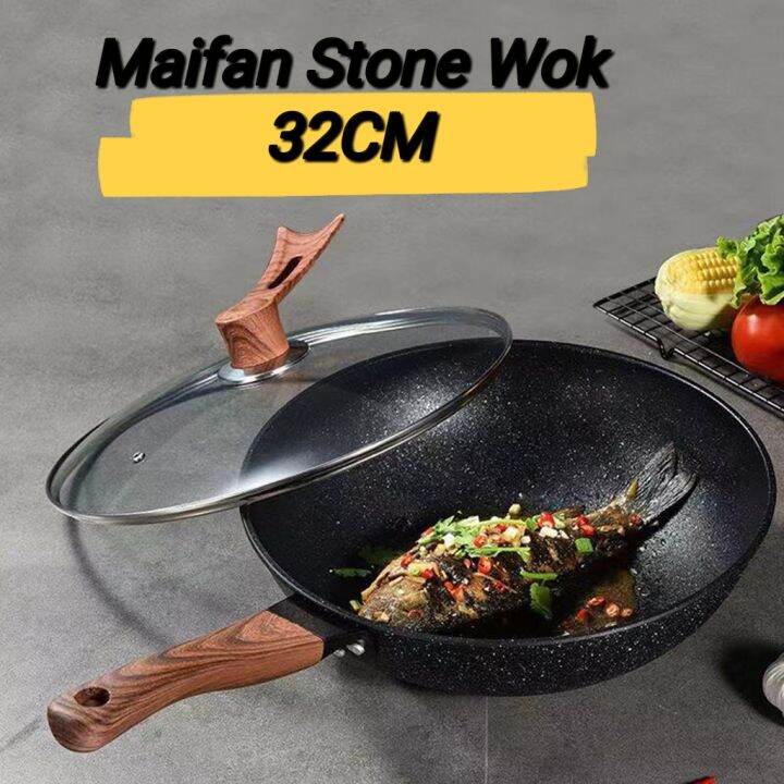 32cm Korean Non-Stick Maifan Stone Frying Pan Smokeless Cooking Wok ...