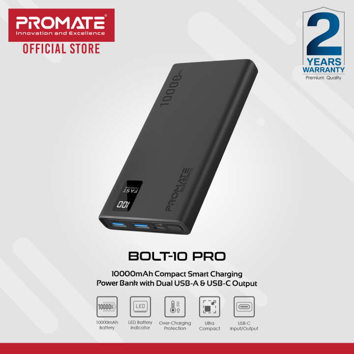 Promate Bolt-10Pro 10000mAh Compact Smart Charging Power Bank with Dual ...