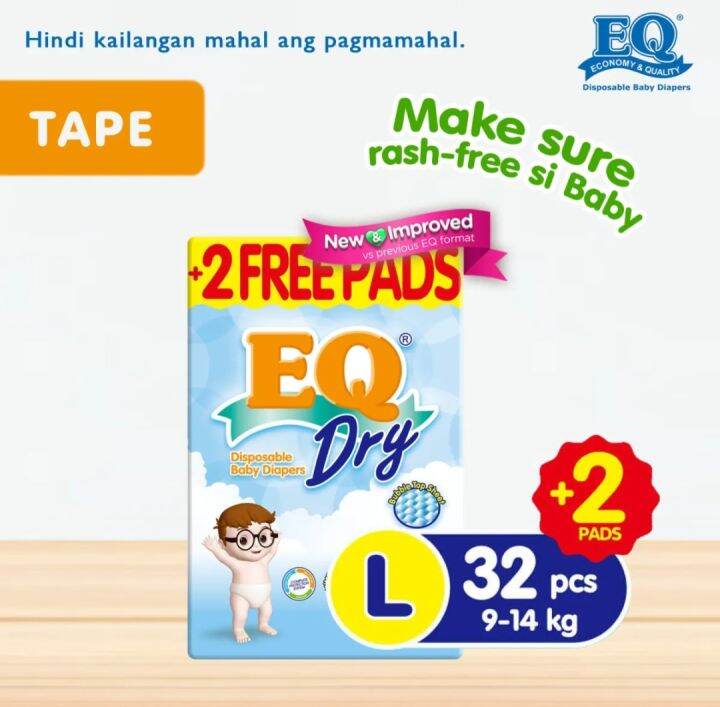 EQ Large TAPE (9-14 kg) - 32 pcs + 2 free pads x 1 pack - Diaper Pants ...