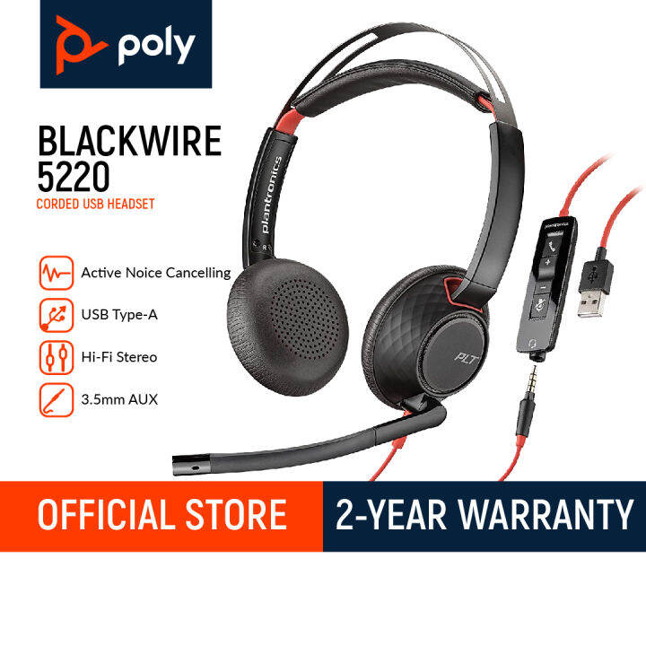 Poly Blackwire 5220 USB-A Headset - Wired, Dual Ear (Stereo) Computer ...