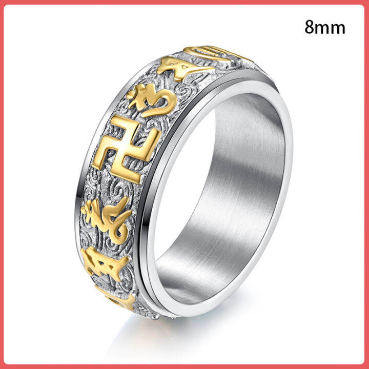 8mm Between Gold Buddhist Scriptures Six-character Mantra Titanium Steel Ring Rotatable Lotus ...