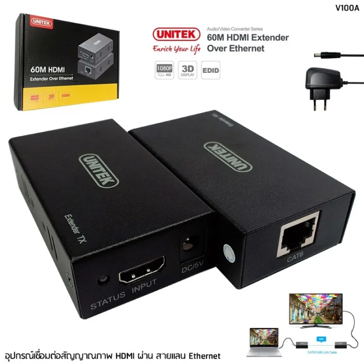 อุปกรณ์แปลงสัญญาณภาพ HDMI ผ่านสายแลน UNITEK HDMI Extender 60M รุ่น V100A | Lazada.co.th
