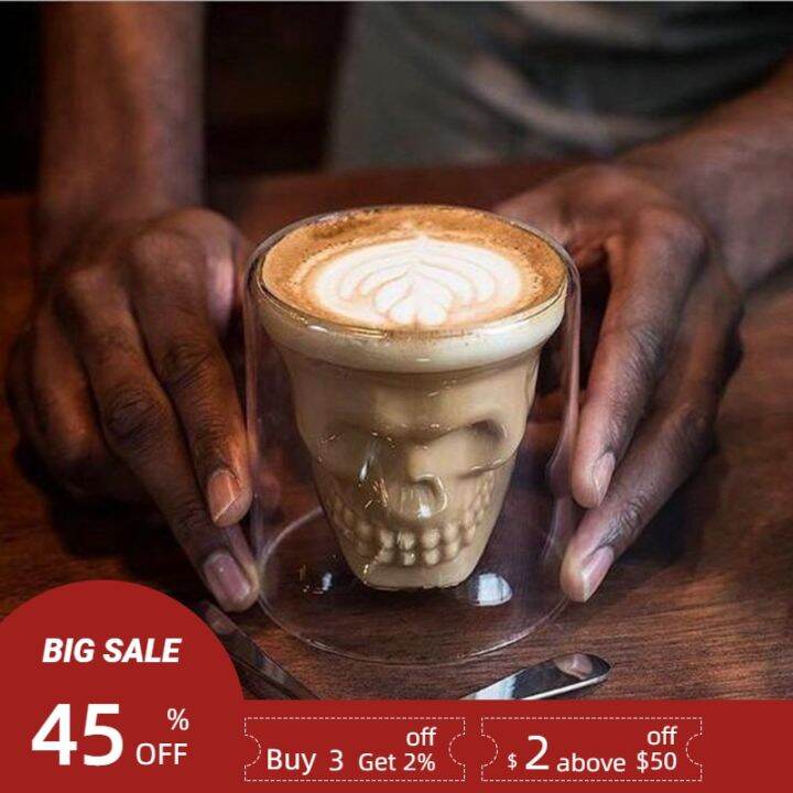 Skull Espresso Coffee Cup Double Wall Glass Mug Skeleton Whisky Bar ...