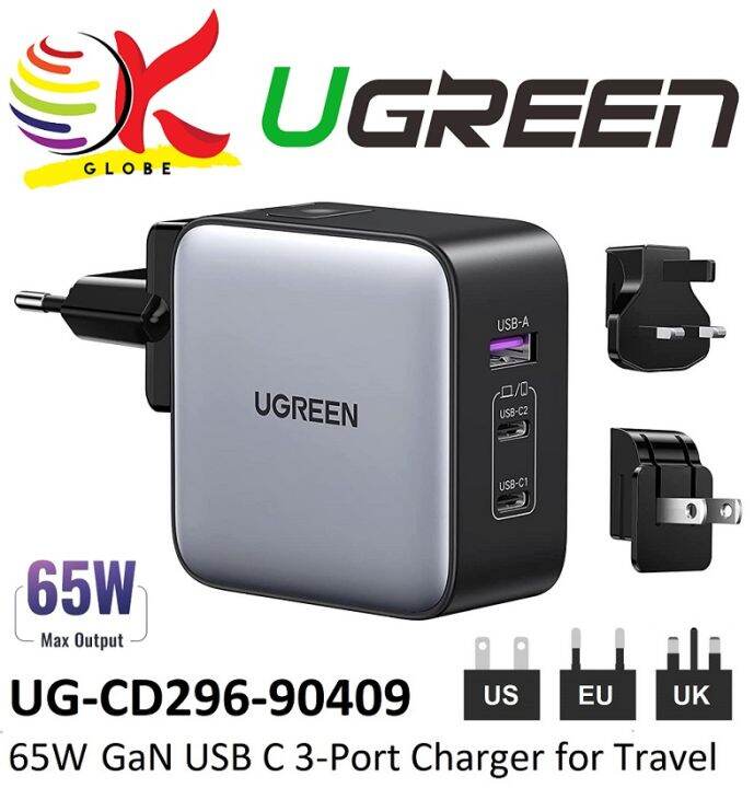 UGREEN 65W NEXODA GAN USB-C + USB-A 3 PORT FAST CHARGER WITH US/UK/EU ...