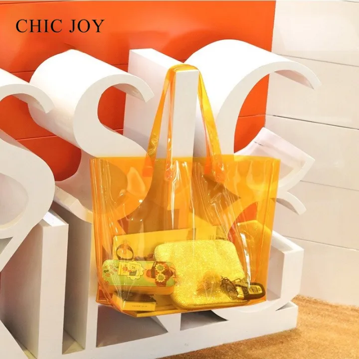 Cjoy กระเป๋าโท้ทกระเป๋าถือ กระเป๋าแฟชั่น สดชื่น ส้ม ความจุใหญ่ วัสดุกันน้ำ PVC ข้น ถุงใส 2022 ...