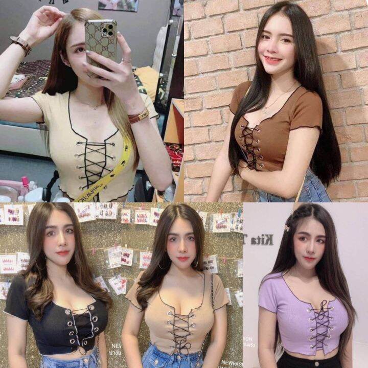 🌈 MesubShop 🌈 เสื้อครอปแขนสั้น ตอกตาไก่ ผูกหน้าผ้าร่องเล็กเนื้อยืดใส่สบาย ทรงสวยมาก ตาไก่แขนยาว ...