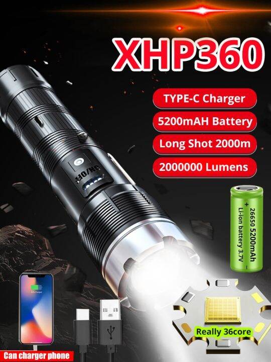 5200Mah XHP360 2000000LM LED Flashlight 36-Core Torch XHP199 XHP50 ...