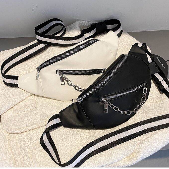 (w244)กระเป๋าคาดอกคาดเอวหนังพียู ประดับโซ่เงินเท่ๆ สไตส์ล็อคY2K ...