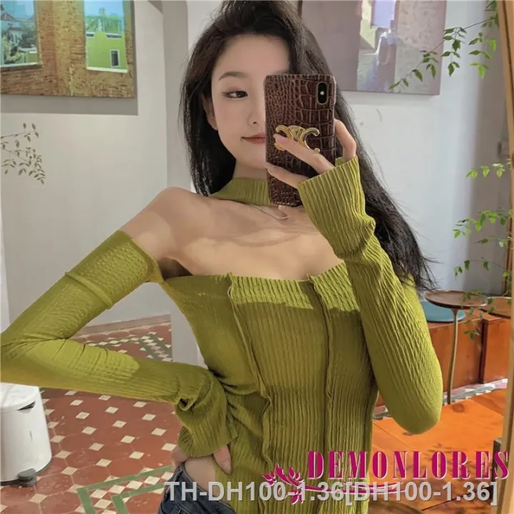 DH100-1.36 Demq- เสื้อครอปท็อปแขนยาวลําลอง โชว์สะดือ สีพื้น แฟชั่นสําหรับผู้หญิง | Lazada.co.th