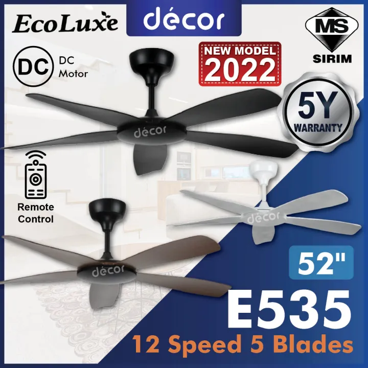 ECOLUXE Fan ECOLUXE E535 52'' 5 Blades 12 Speed Forward + Reverse Remote Control DC Motor ...