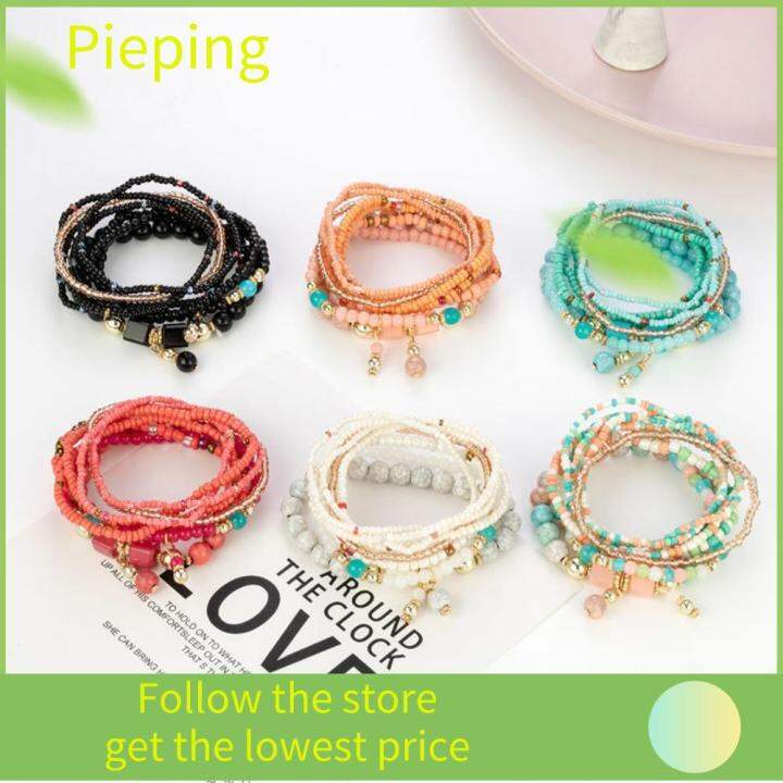 PIEPING โบฮีเมียน สร้อยข้อมือเทอร์ควอยซ์หลายชั้น โซ่ยืดหยุ่น อะคริลิค ...