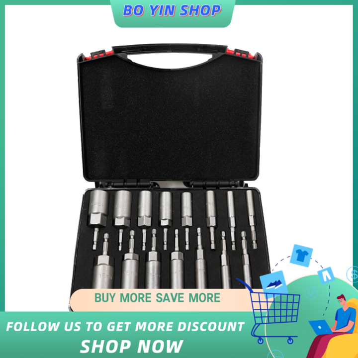 BO YIN 15 Pcs Power Nut Driver Drill Bit Set 5.5-19mm Chrome Vanadium Steel Hex Bit Socket Set ...