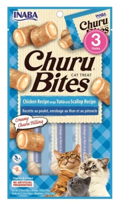Inaba Churu Bites Tuna with Scallop Creamy Churu Filling Cat Treats 3 x ...