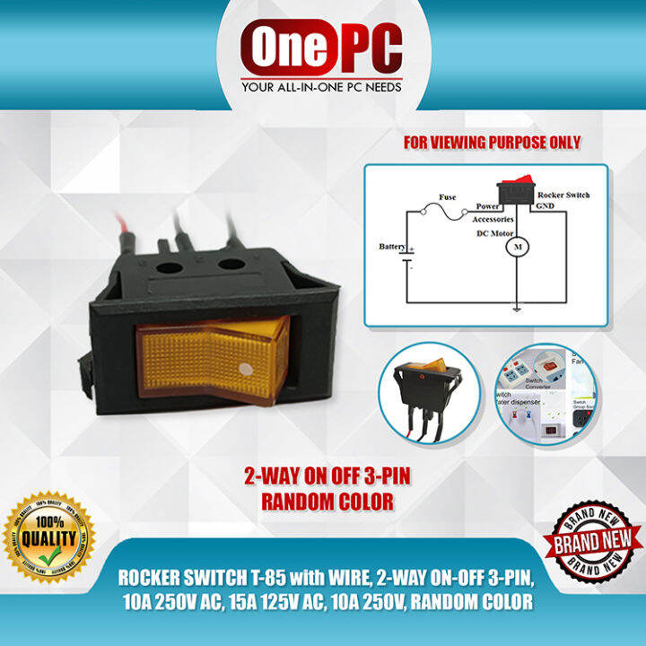 ROCKER SWITCH T-85 with WIRE, 2-WAY ON-OFF 3-PIN, 10A 250V AC, 15A 125V ...