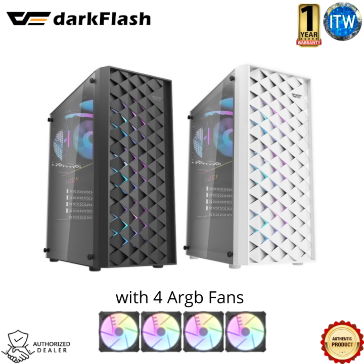 DarkFlash DK351 - Tempered Glass Mid-Tower Gaming Case w/4pcs argb fans ...