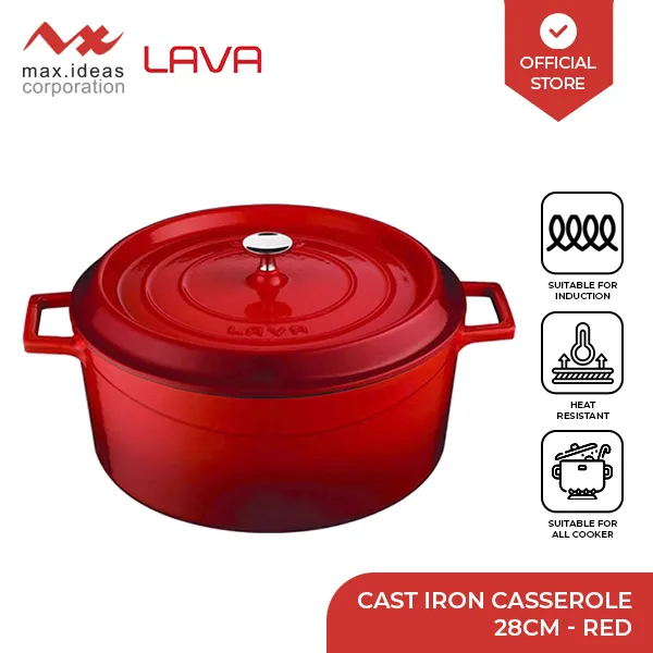 Lava Round Cast Iron 28cm 7 Quarts Red Casserole Cookware - Induction ...