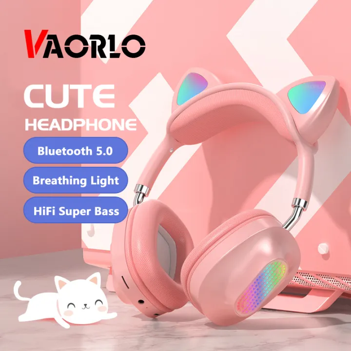 VAORLO บลูทูธหูแมวน่ารักหูฟัง LED แสงหายใจ Gaming Headset ไร้สาย RGB ...