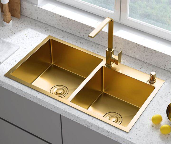 Complete Set Double Tub Kitchen Sink Gold Brushed Nano Tech 304 ...