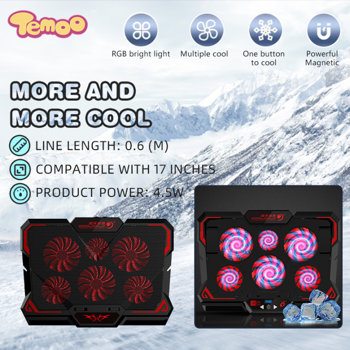 Temoo Gaming Laptop Cooler Six Fan Notebook Cooling Pad Silent LED Touch Version Portable ...