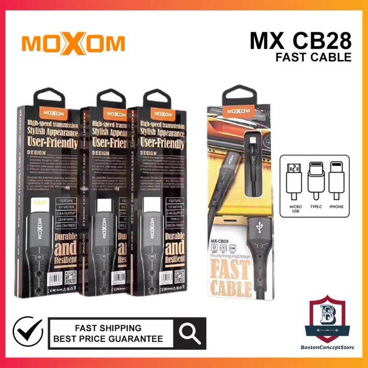 BOSTON MOXOM MX-CB28 OUTPUT 2.4A DATA CABLE MICRO / LIGHTNING / TYPE-C Fast Charging Cable | Lazada
