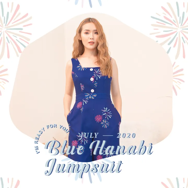 Malila Fabric ♥ Blue Hanabi Jumpsuit , จั๊มพ์สูทขายาว ลายพลุ สีน้ำเงิน | Lazada.co.th