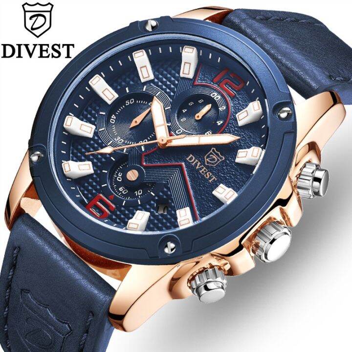 TOP★DIVEST นาฬิกาผู้ชายแฟชั่นผู้ชายกีฬานาฬิกาแบรนด์ดังหรูหราสายหนังควอตซ์กันน้ำทหารโครโนกราฟ ...