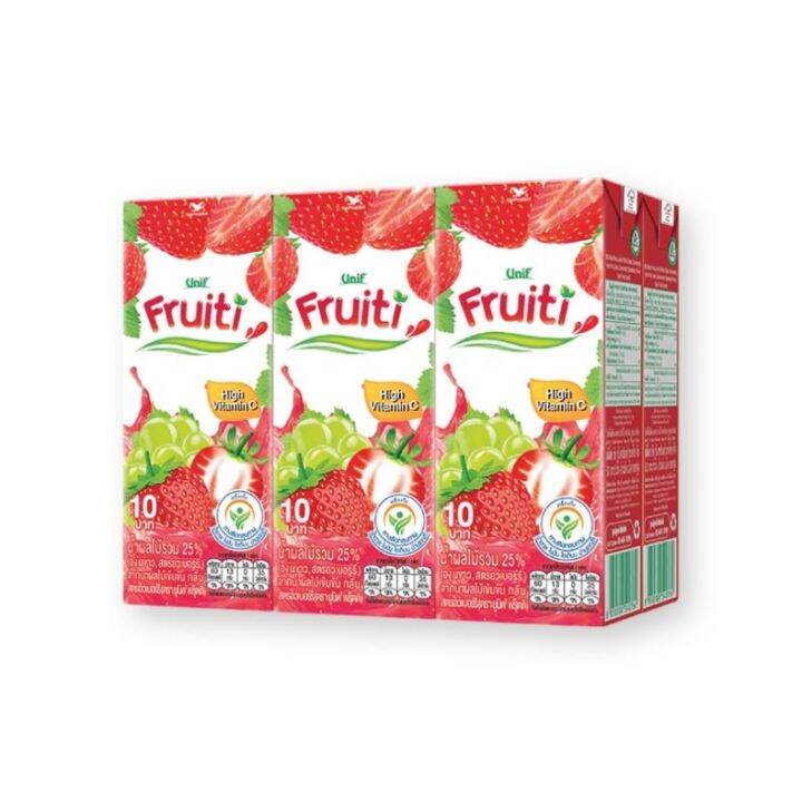 Unif Fruiti Strawberry Juice 230 ml x 6 boxes. ยูนิฟ ฟรุตตี้ น้ำสตรอว์ ...