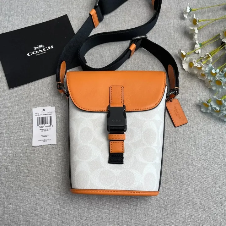 Coach C3134 Track Small Flap Crossbody Bag in Chalk Signature Coated ...