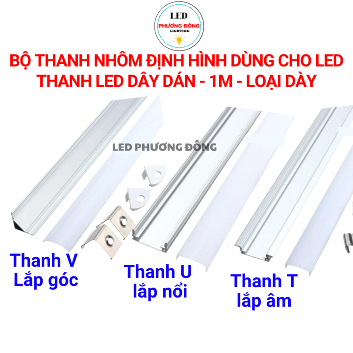Thanh nhôm định hình Dùng cho LED thanh LED dây dán trang trí Dài 1m ...