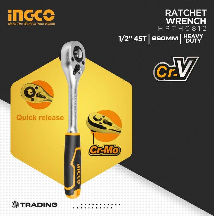 INGCO Industrial Ratchet Wrench CR-V + Cr-Mo Material 1/2" 45T 255mm (L) HRTH0812 | Lazada PH