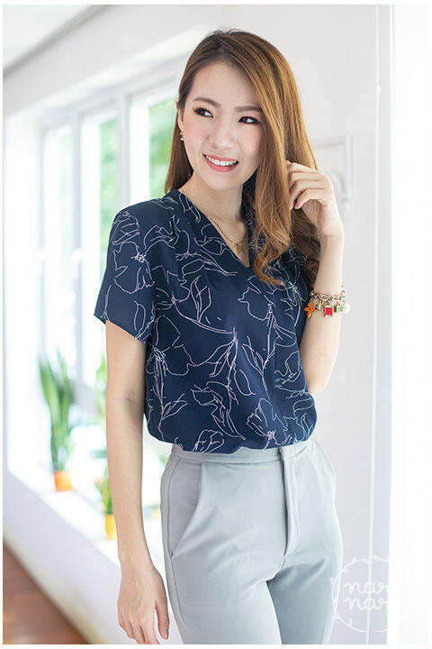 Narinari : NT131 V-Collar Drawing Blouse – Navy Blue | Lazada.co.th