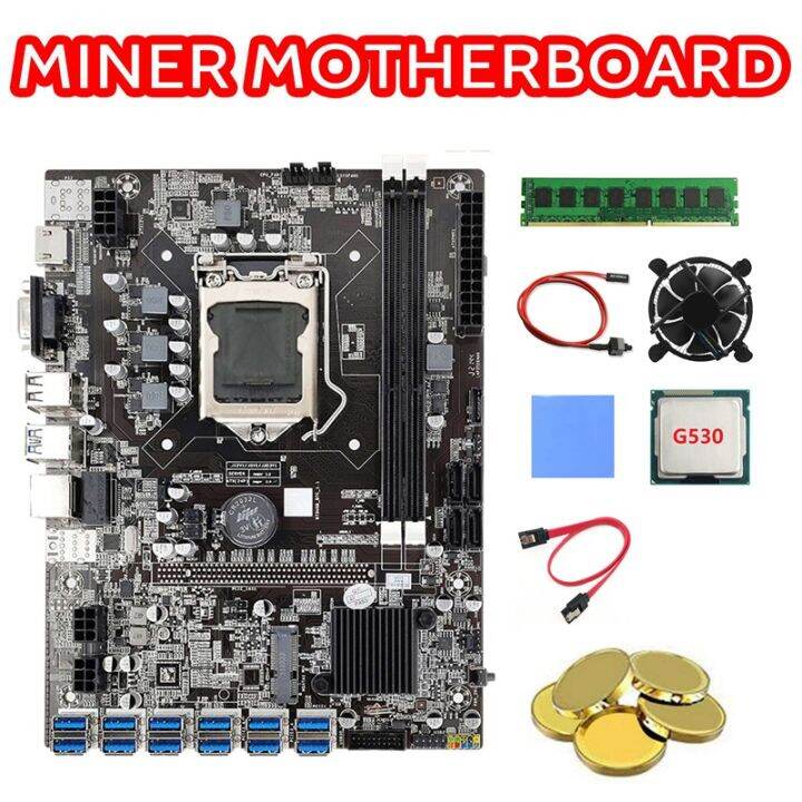 B75 12USB BTC Miner Motherboard+G530 CPU+4G DDR3 RAM+Fan+Thermal Pad+Switch Line+SATA Cable 8 ...