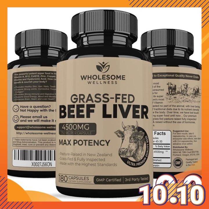 Wholesome Wellness Grass Fed Desiccated Beef Liver Capsules (180 Pills ...