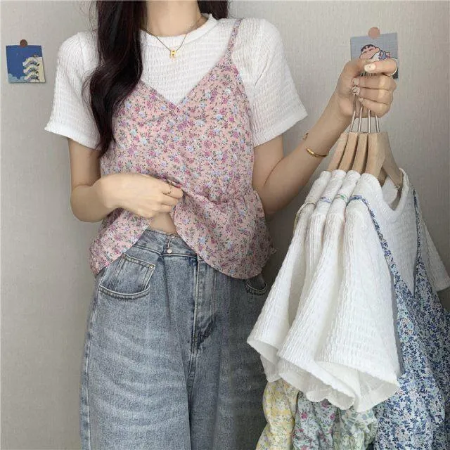 Zuoan เสื้อคอกลม แขนสั้น ลายดอกไม้ ทรงหลวม แบบเรียบง่าย สไตล์เกาหลี ...