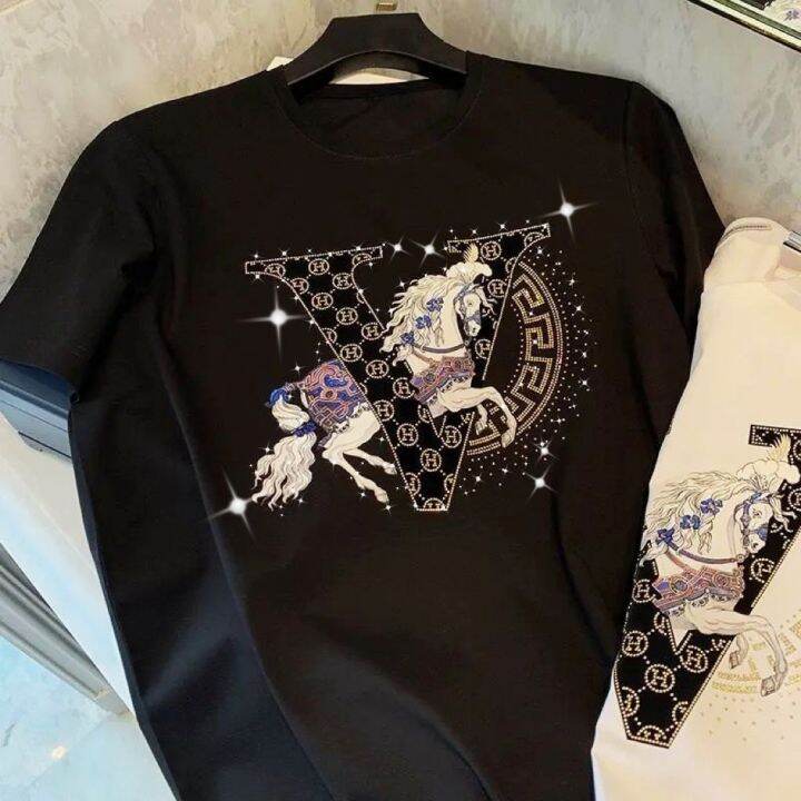FULAIDA เสื้อยืดผู้ชายประดับเพชรสไตล์ยุโรป,เสื้อยืดผ้าฝ้ายแท้แขนสั้นทรง ...