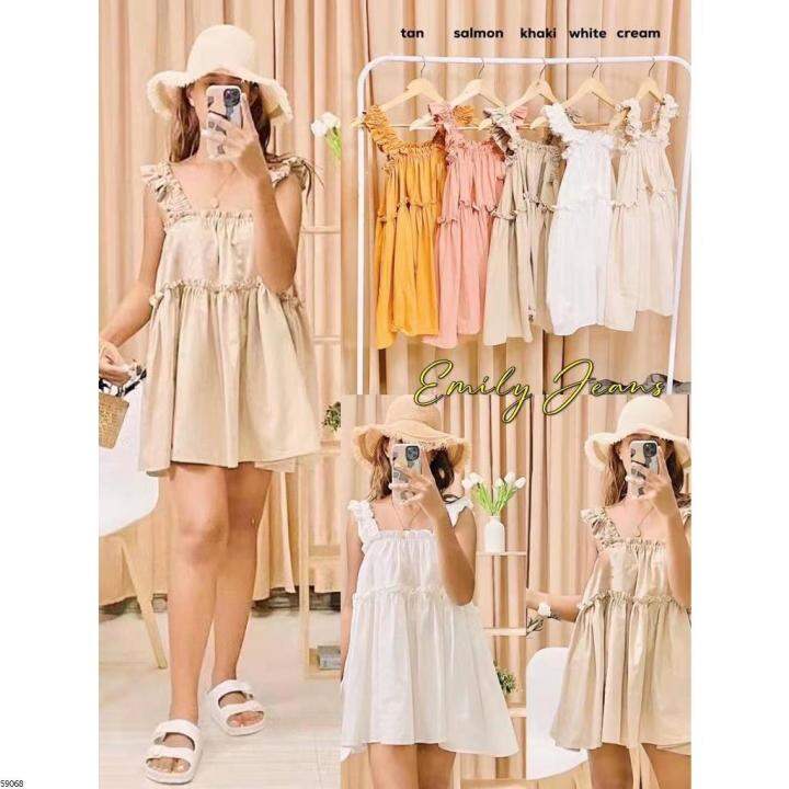 linen dress EMILY SHEIN Plain Ruffled Strap Layered Doll Dress CHALLIS ...
