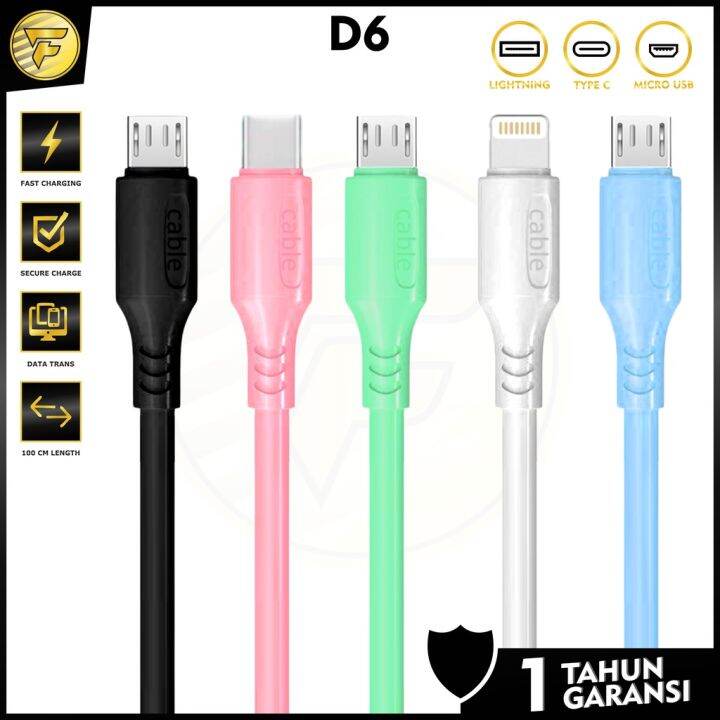Kabel data D6 Fast Charging Lightning Type C Micro USB 1 Meter kabel ...