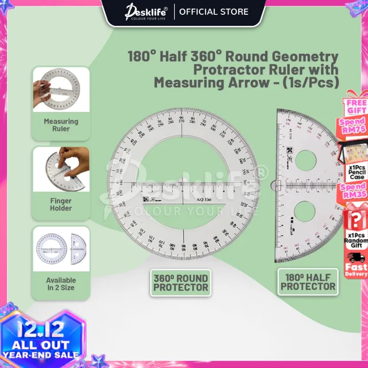 Desklife 180° Half 360° Round Geometry Protractor Ruler with Measuring ...