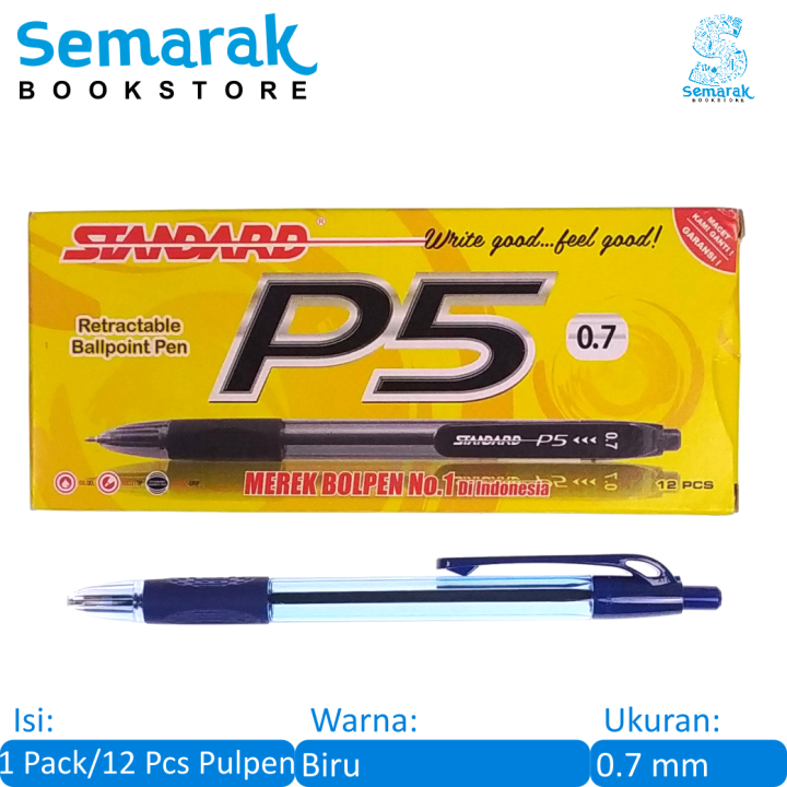Standard P5 Retractable Ballpoint Pen Pulpen Cetek Oil Gel Grip Karet 0.7 - Biru [1 Pack / 12 ...