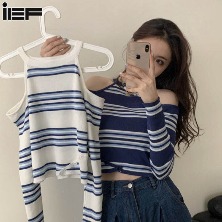 IEF 2022ใหม่เสื้อถักสตรีสุทธิสีแดงร้อนสไตล์ H Alter คอปิดไหล่ลายแขนยาวเสื้อบอททอมด้านบน | Lazada ...