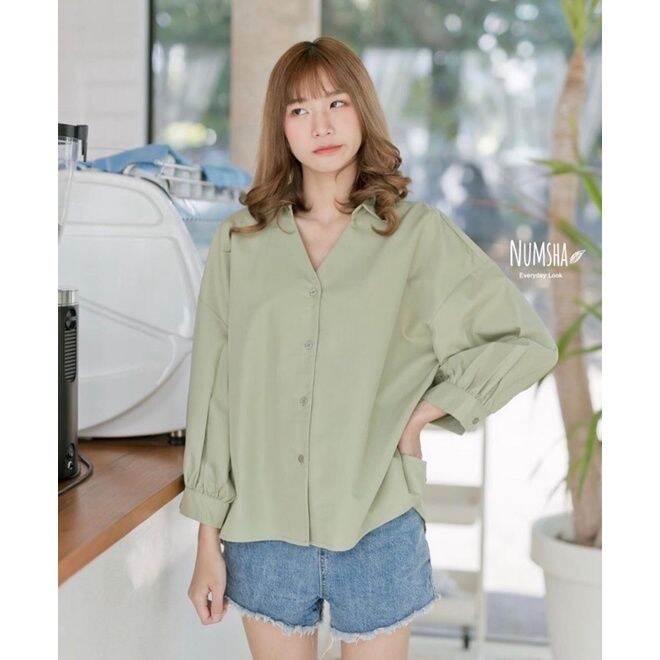 Numsha Brand เสื้อเชิ้ตคอวีแขนพอง / NB20104 | Lazada.co.th