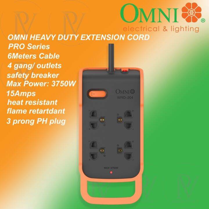 OMNI Heavy Duty Extension Cord 6Meter Cable 15A 3750Watts Portable 4 ...