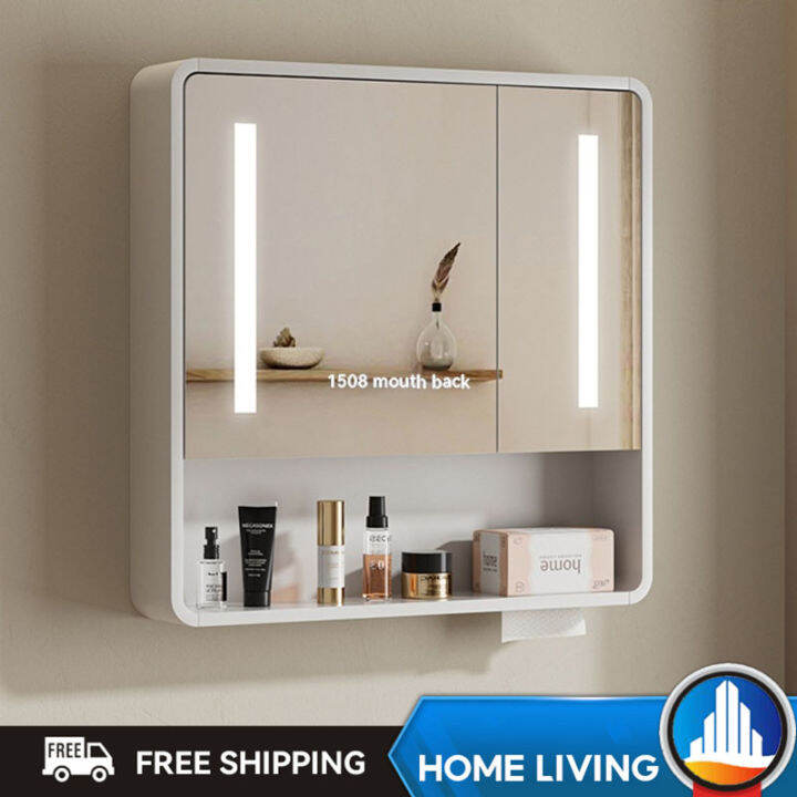 Bathroom Smart Mirror Cabinet Toilet Wall Mounted Arc Solid Wood Mirror ...