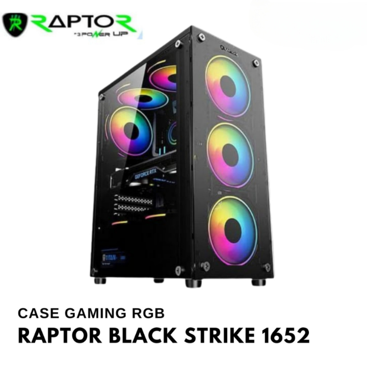 Casing Gaming Raptor 1652 Black Strike Tempered Glass Case PC Komputer ...